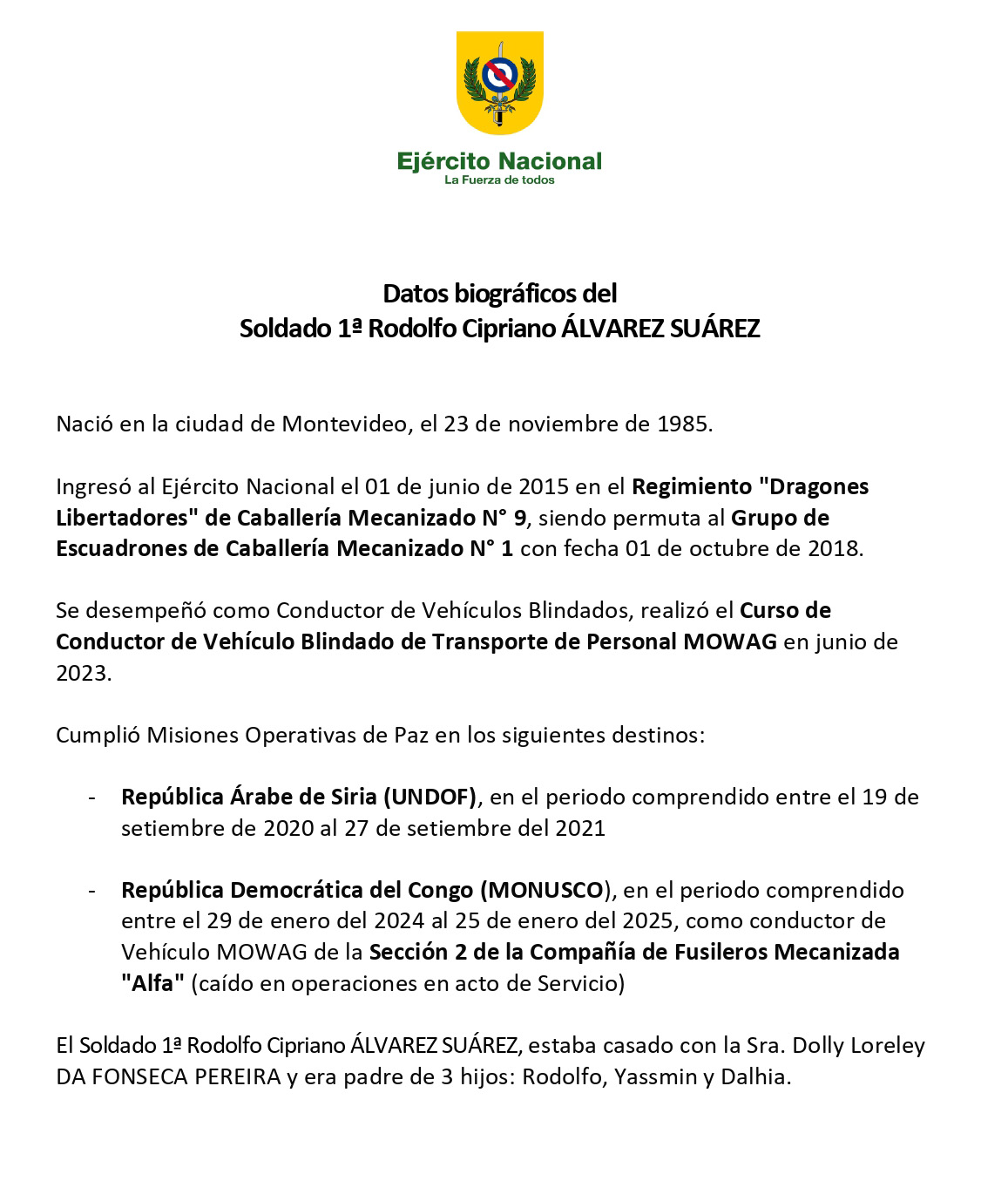 El Ejército Nacional con profundo dolor, rinde homenaje al Soldado 1ª ...
